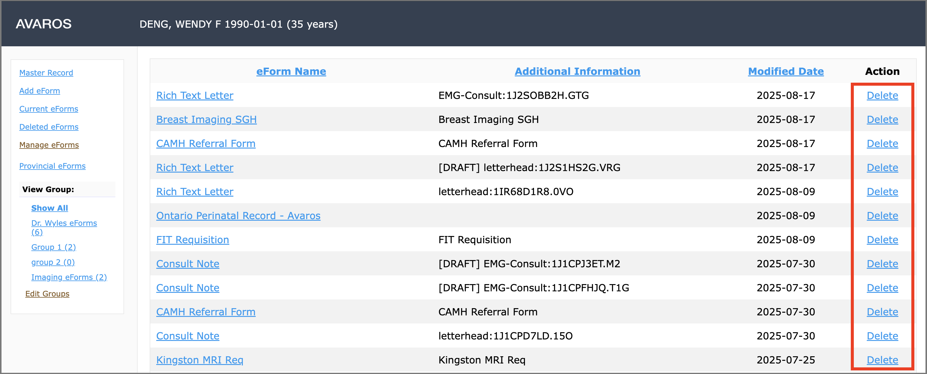 How to delete Forms, eForms and Documents from the eChart – Avaros